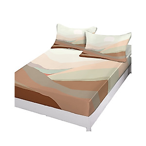 Abstract Painting Mountain Scene Fitted Bed Sheets Full Size Fit 5-16inch Deep Pockets,Luxury Bottom Sheet Bedding Set with Pillow Case,Minimalist Natural Hill Sunset Fitted Sheet for Mattress