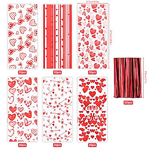 Boerni Valentine Cellophane Plastic Candy Cookie Treat Goodies Gift Heart Bags 120pcs And Gold Twist Ties for Valentine Party Supplies
