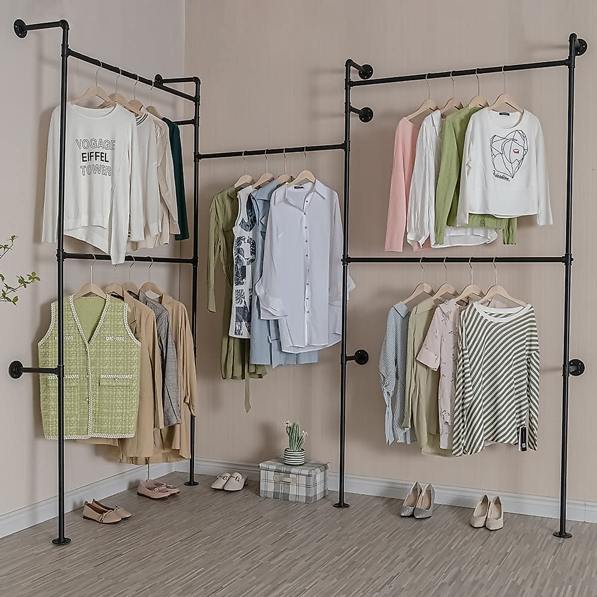 EDCB Industrial Pipe Clothes Rack, Heavy Duty Detachable Wall Mounted Black Iron Garment Bar, Clothing Store Display Stands Garment Rack Closet System (125.5 x 93.7inch)