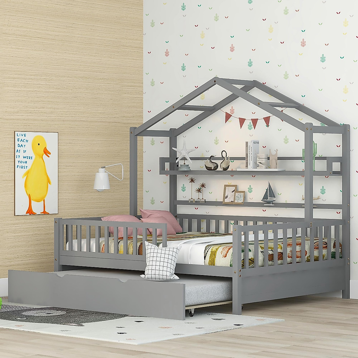 Bellemave Full Size House Bed with Trundle for Kids,Wooden Full Platform Bed Frame with Storage Shelves,Montessori Bed for Teens,Girls & Boys (Gray)