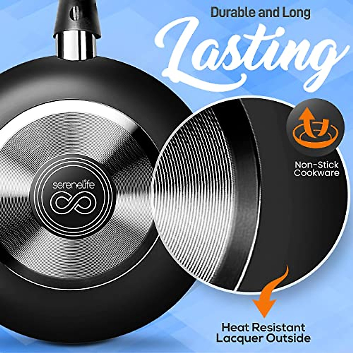 SereneLife Kitchenware Pots & Pans Basic Kitchen Cookware, Black Non-Stick Coating Inside, Heat Resistant Lacquer (6-Piece Set), One Size