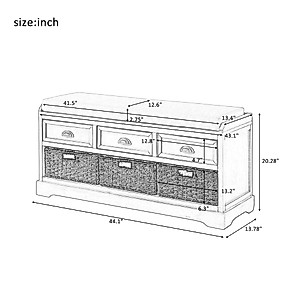 Knocbel Home Collection Wicker Storage Bench, Wood Entry Hallway Bedroom Bench Cabinet with Cushion, 3-Drawer and 3 Woven Baskets, Fully Assembled, 20.2" H x 44" L x 13.7" W (White)