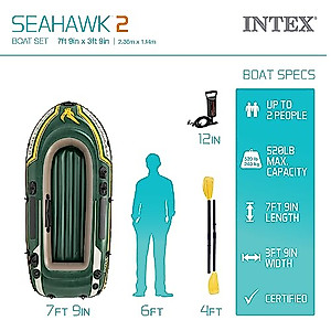 Intex 68347EP Seahawk 2 Inflatable Boat Set: Includes Deluxe 48in Boat Oars and High-Output Pump – SuperStrong PVC – Fishing Rod Holders – 2-Person – 520lb Weight Capacity