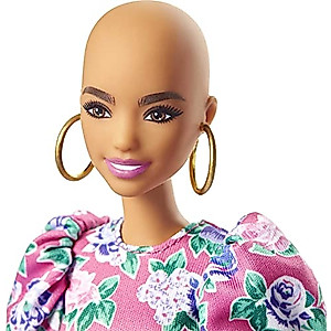 Barbie Fashionistas Doll #150 with No-Hair Look Wearing Pink Floral Dress, White Booties & Earrings, Toy for Kids 3 to 8 Years Old
