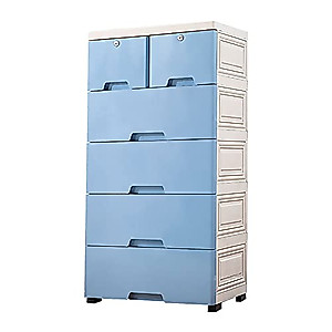 6 Drawer Plastic Dresser Storage Bins,Plastic Storage Drawers,Vertical Plastic Storage with Lock Dresser Organizer, Storage Dresser Plastic Cabinet Storage 4 wheels for Playroom Hallway Toy (Blue)