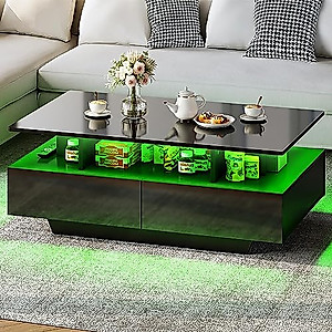 YITAHOME LED Coffee Table with Storage, High Glossy LED Coffee Tables for Living Room, Small Center Table with Open Display Shelf & Sliding Drawers, Black