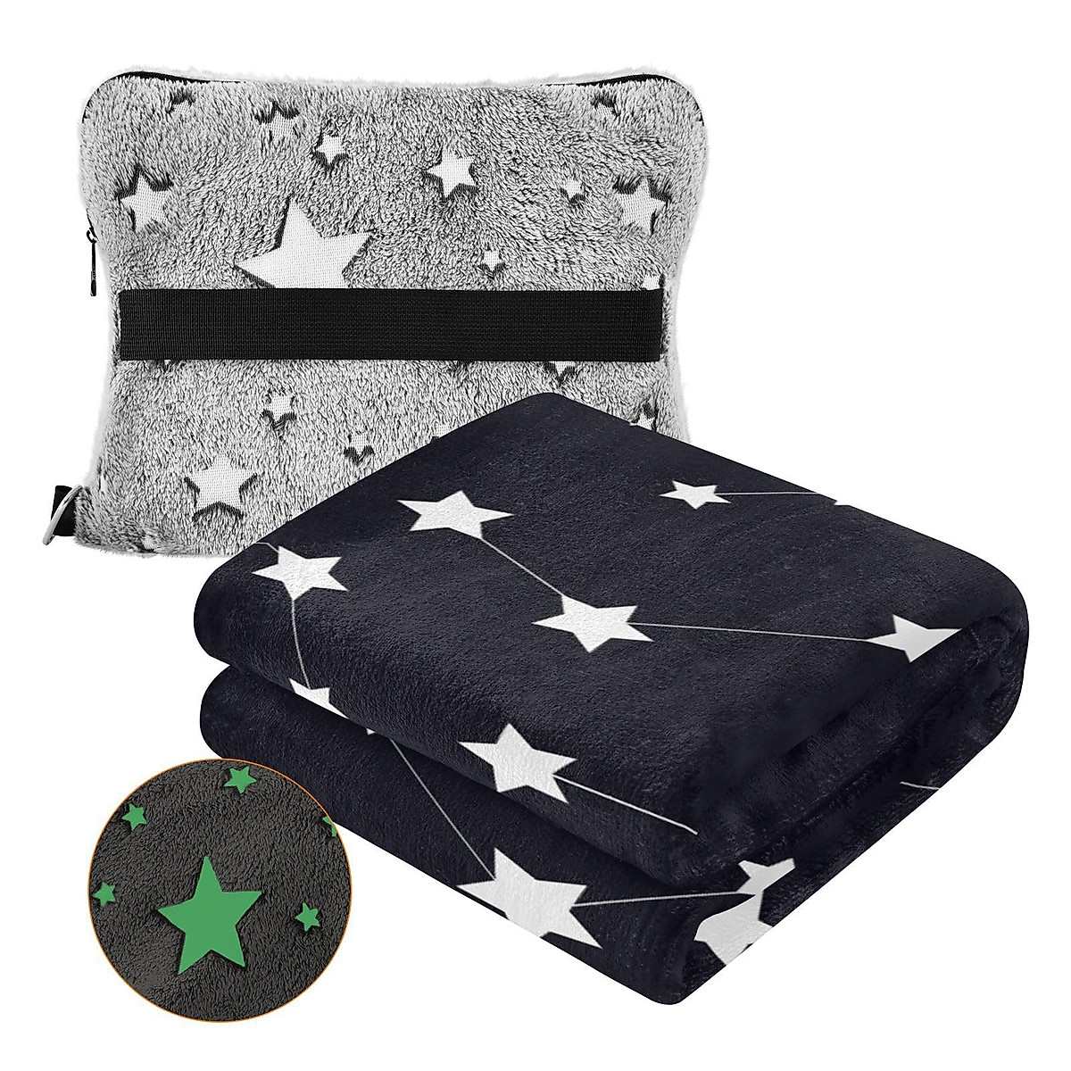 Shing Stars Travel Blanket Pillow for Long Plane Flight Soft Airplane Blanket with Soft Bag Pillowcase Travel Essentials for Home Office Camping Adults Car Train Bus