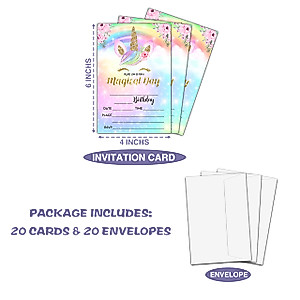 Unicorn Birthday Party Invitation, Magical Unicorn Themed Fill-In Invites for Friends, 20 Invitations With Envelopes (4" X 6"), Rainbow Party Favors Decorations and Supplies -29