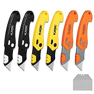 KATA 6-Pack Utility Knife, Folding Box Cutter for Cartons, Cardboard and Boxes, Quick Change Blade, 10pcs Extra SK5 Blades Included, Lock Back Mechanism