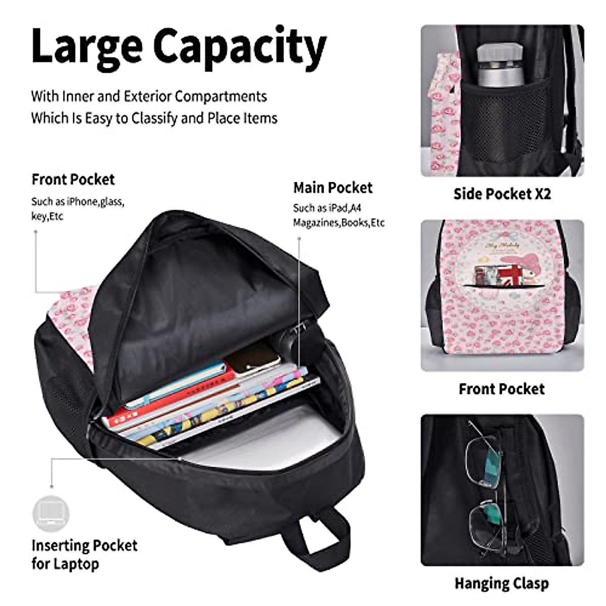 ORPJXIO Backpack 3 Piece Set Kuromi Anime My Melody Laptop Backpack Pencil Case Lunch Bag Combination For Travel Work Camping