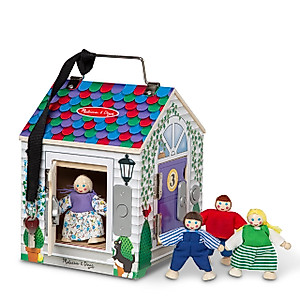 Melissa & Doug Take-Along Wooden Doorbell Dollhouse - Doorbell Sounds, Keys, 4 Poseable Wooden Dolls Portable Doll House, Doorbell House For Kids Ages 3+