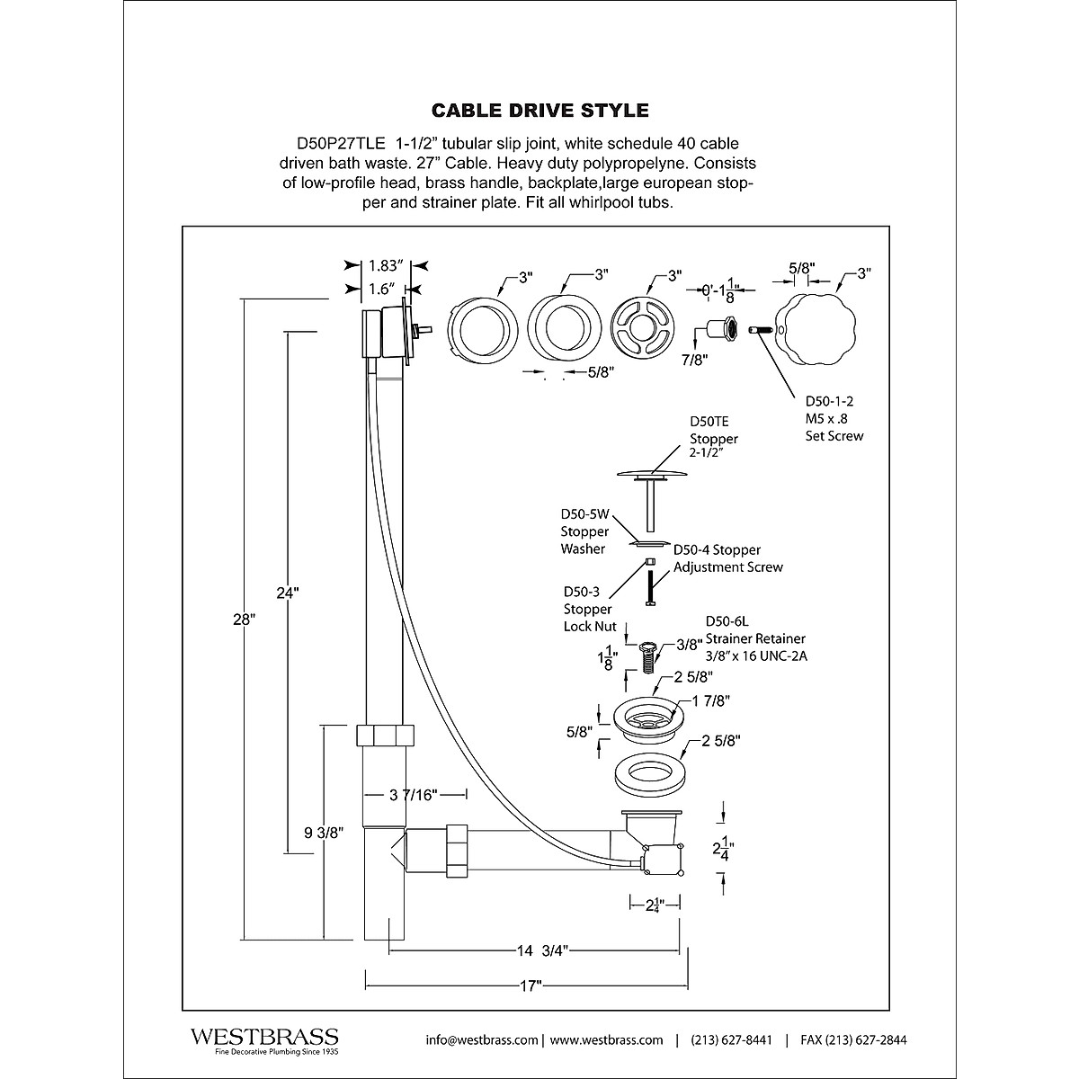 Westbrass A50P27TLE-62 27" Cable Drive Standard Bath Drain Trim Kit with Rotary Overflow Cover Knob, Pop-Up Stopper and Poly Tubular Pipes & Fittings, Matte Black