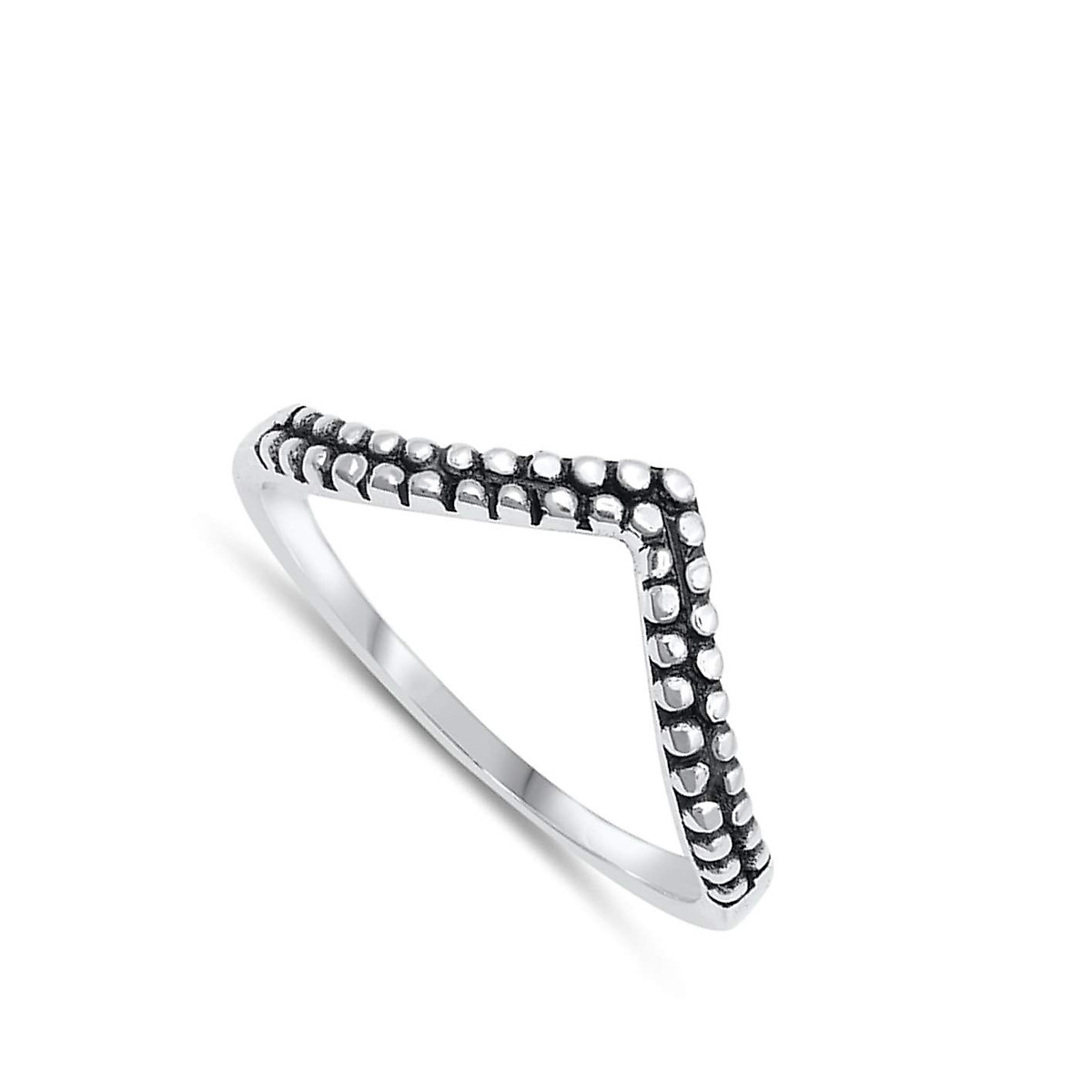 Boho Style Oxidized Chevron Beaded V Shape Sterling Silver Ring Size 10