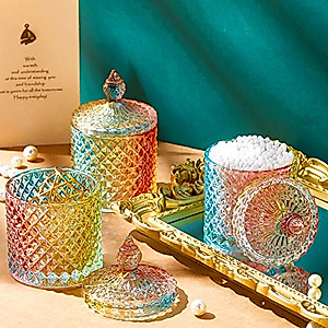 4 Pcs Crystal Glass Candy Jar with Lid Home Decorative Jar Glass Storage Bathroom Jars Jewelry Box Canister Jar for Cotton Swab Glass Jar Decor for Bathroom, Pantry, Living Room, Kitchen (Colorful)
