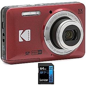 Kodak FZ55RD PIXPRO Digital Camera Red Bundle with Lexar 64GB High-Performance 800x UHS-I SDHC Memory Card Blue Series