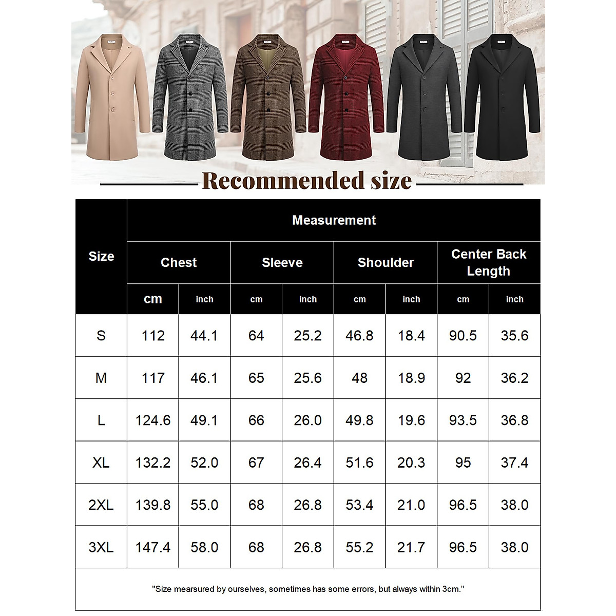 COOFANDY Winter Coats Men Black Notched Collar Overcoat Mid-Long Winter Wool Trench Coat Black Business Peacoat Black L