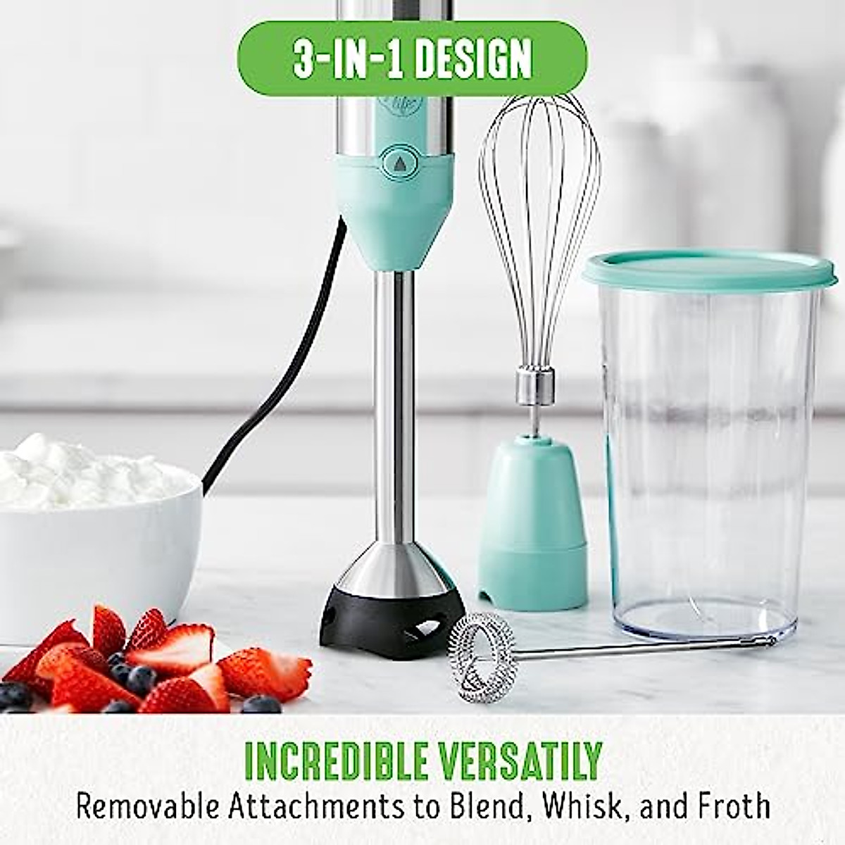 GreenLife 500-Watt Immersion Electric Handheld Stick Blender with Stainless Steel Blades, Whisk, Frother, Measuring Cup and Lid, Soups, Puree, Cake, Multi-Speed Control, Portable, Turquoise