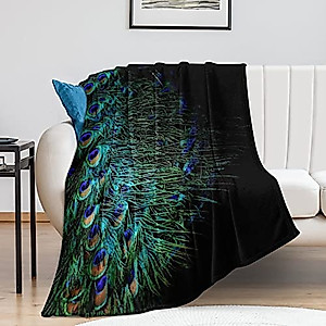Peacock Feather Flannel Fleece Throw Blankets 50"X40" Lightweight Fluffy Winter Fall Blanket Cozy Soft Fuzzy Plush Home Decor for Couch Bed Sofa Bedroom Living Room Travel