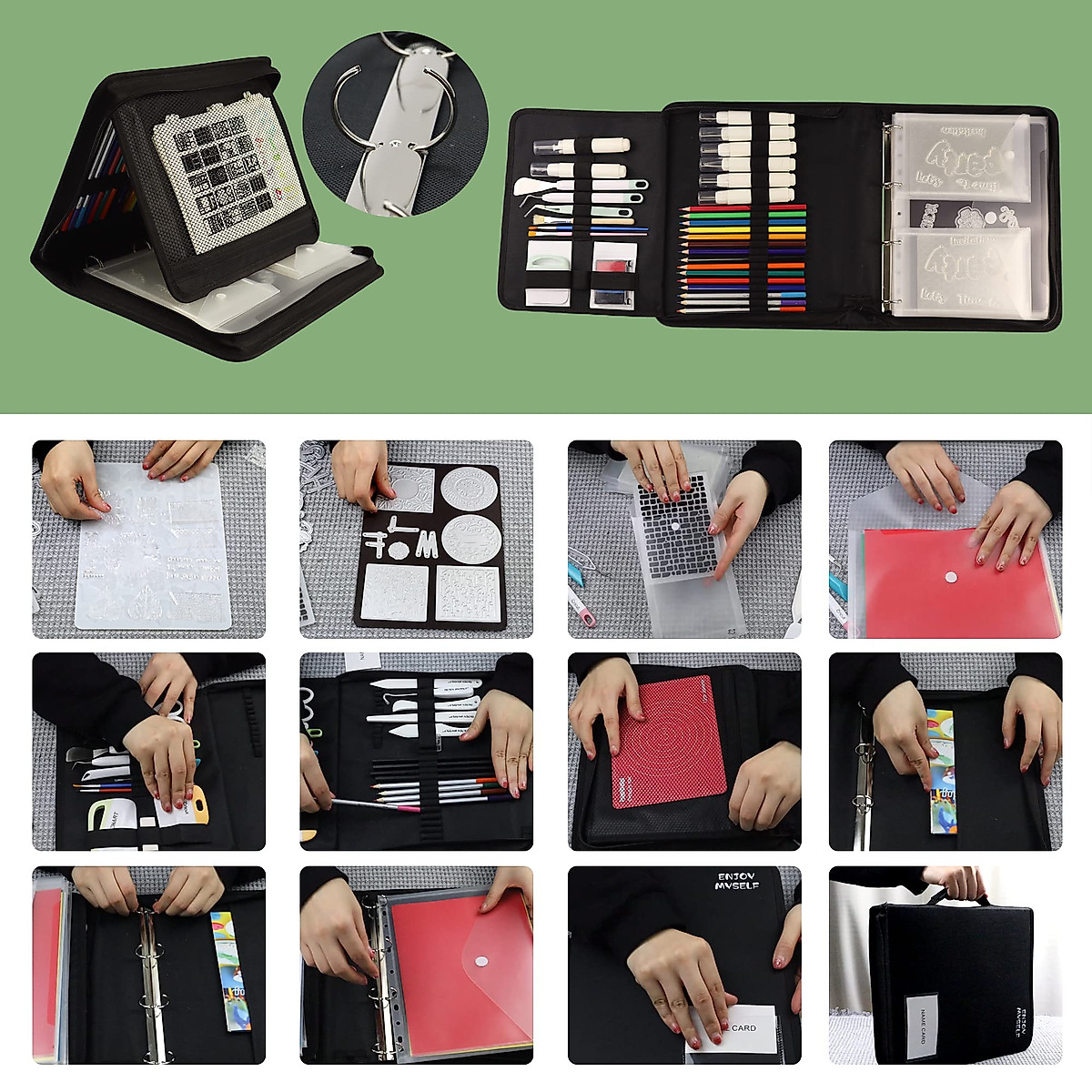 Enjoy Myself Stamp and Die Cut Storage Binder Embossing Folder and Stencil Organizer with Magnetic Sheets and Storage Pocket for Craft Scarpbooking Supplies and Stationery, 2 H × 12.5 W × 10 D (Black)