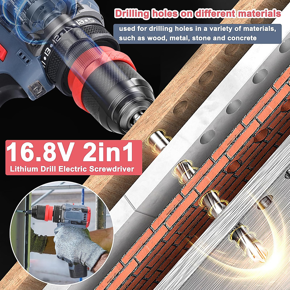 Vislone Cordless Drill 16.8V 2in1 Power Drill Drivers Lithium Electric Screwdriver Power Tool 45Nm Torque Brushless Motor LED Indicator Light with 2pcs 1300mAh Batteries and Charger