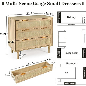 HOPUBUY Large Nightstand Set of 2 with Rattan Drawer, Modern 3 Drawer Night Stand for Bedroom, Wooden Bedside Table for Queen Size and King Size Bed,Oak