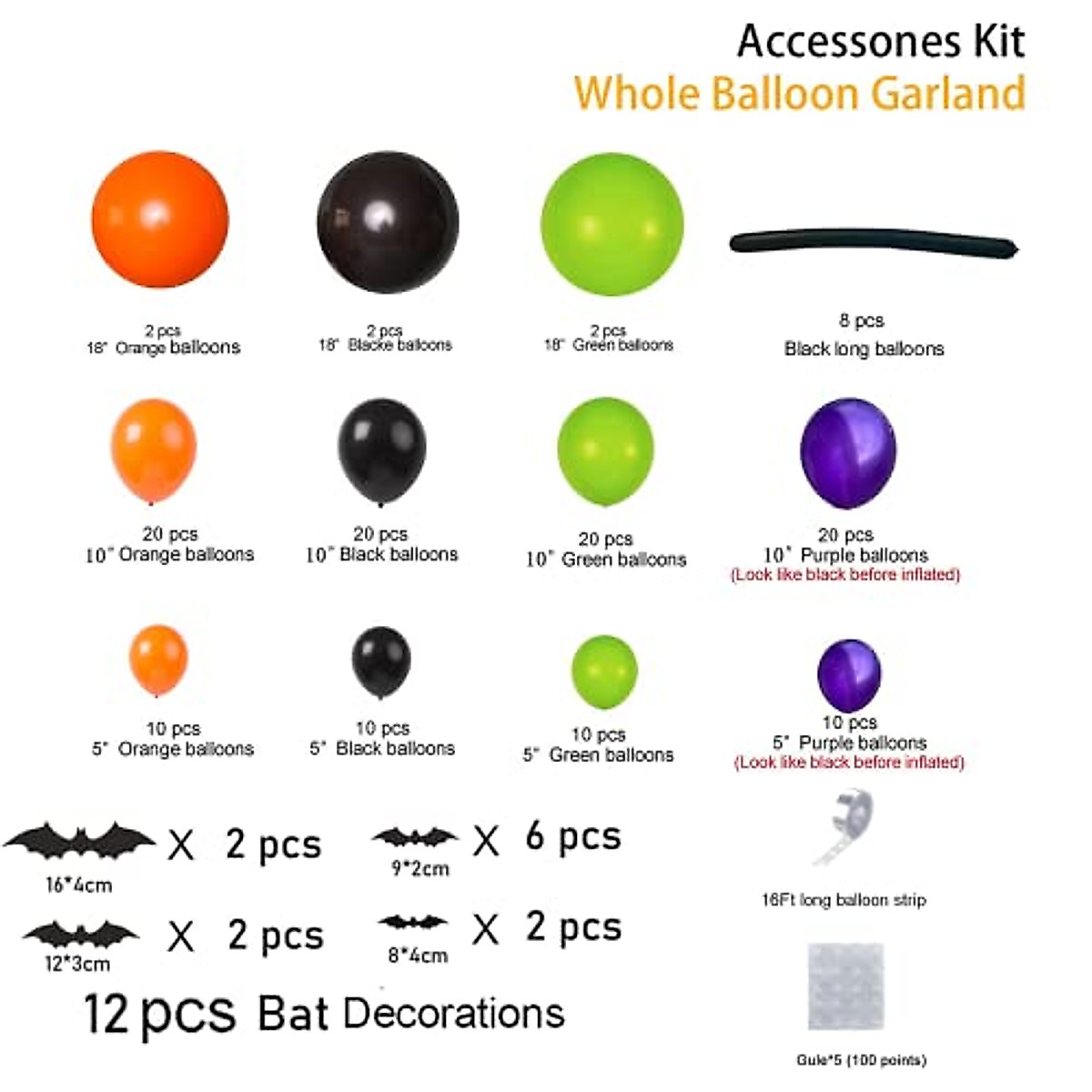 Bonropin Halloween Balloon Garland Arch kit with Black Orange Green Purple Balloons Spider Balloons, Long Balloons, 3D Bat Sticker for Halloween Theme Party Background Classroom Decorations