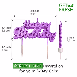 GET FRESH Purple Birthday Cake Candles Set – 10-Pack Spiral Metallic Candles and Happy Birthday Letter Candles Cake Topper – Glitter B-Day Candles and Cake Decoration Candles – Purple Birthday Candles