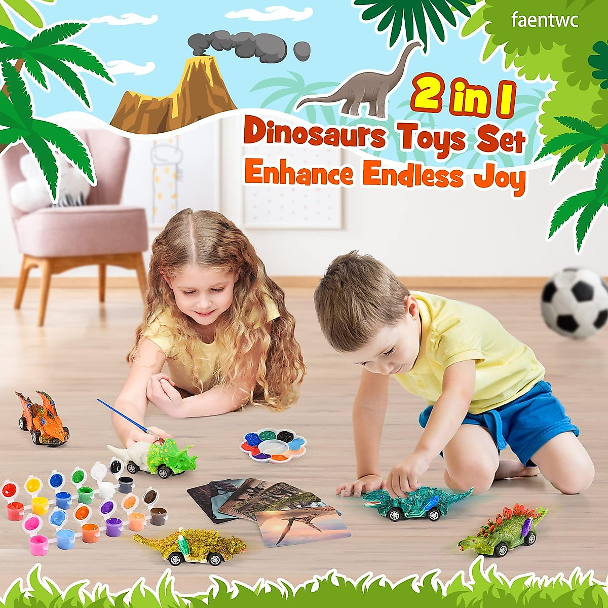 faentwc Painting Toys for Kids 5-7 2 in 1 Dinosaur Arts Painting Kits and Pull Back Cars Toy for Boys 3-12 Year Old Art & Craft Set for Girl DIY Christmas Birthday Gifts for Kid Age 4 5 6 7 8 9 10