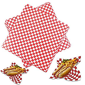 Hslife 100 Sheets Red and White Checkered Dry Waxed Deli Paper Sheets, Paper Liners for Plastic Food Basket, Wrapping Bread and Sandwiches