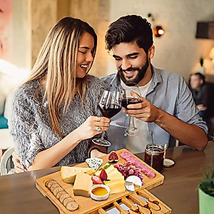 Bamboo Cheese Board Set with Drawer Wooden Charcuterie Tray Platter Including 4 Stainless Steel Knife and Serving Utensils, Gift Idea for Birthdays, Wedding Registry, Housewarming