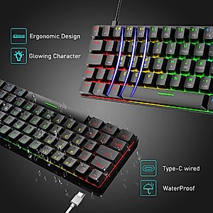 Mechanical Gaming Keyboard and Mouse Mini Wired Combo with RGB Headset Rainbow Backlight Ergonomic 62Key Anti-Ghosting Adjustable Mic 6400DPI Mice USB-C for PC Gamer Computer Typist(Black/Red Switch)