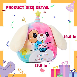 PLAYNICS Large Birthday Happy Dog Plush Pillow Stuffed Animal Toy,14.5" Big Size Cute Soft Toys Fat Kawaii Cuddle Huggable Plushie,Gift for Kids