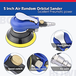 5 Inch Air Random Orbital Sander, Pneumatic Palm Sander tool with 10 Pcs Sandpapers, Air Sanders For Auto Body Work By Bowd