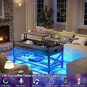 Aheaplus Coffee Table, Lift Top Coffee Table with LED Light and Power Outlet, Modern Lift-Top Table with Storage Shelf, Center Table for Living Room, Lift Tabletop, X Support, Metal Frame, Black Oak