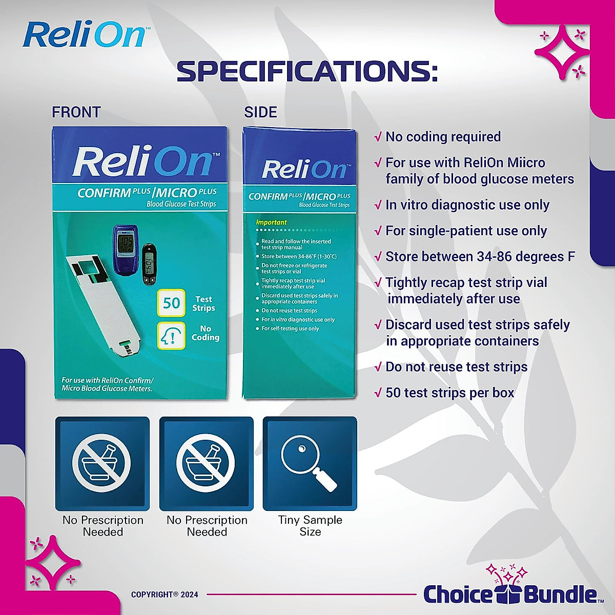 ReliOn Reli on Confirm Micro Blood Glucose Test Strips 50 Ct Choice Bundle (fits Confirm Plus/Micro Plus) + “Food for Life” Guide & Portable Pill Container (3 Items)!