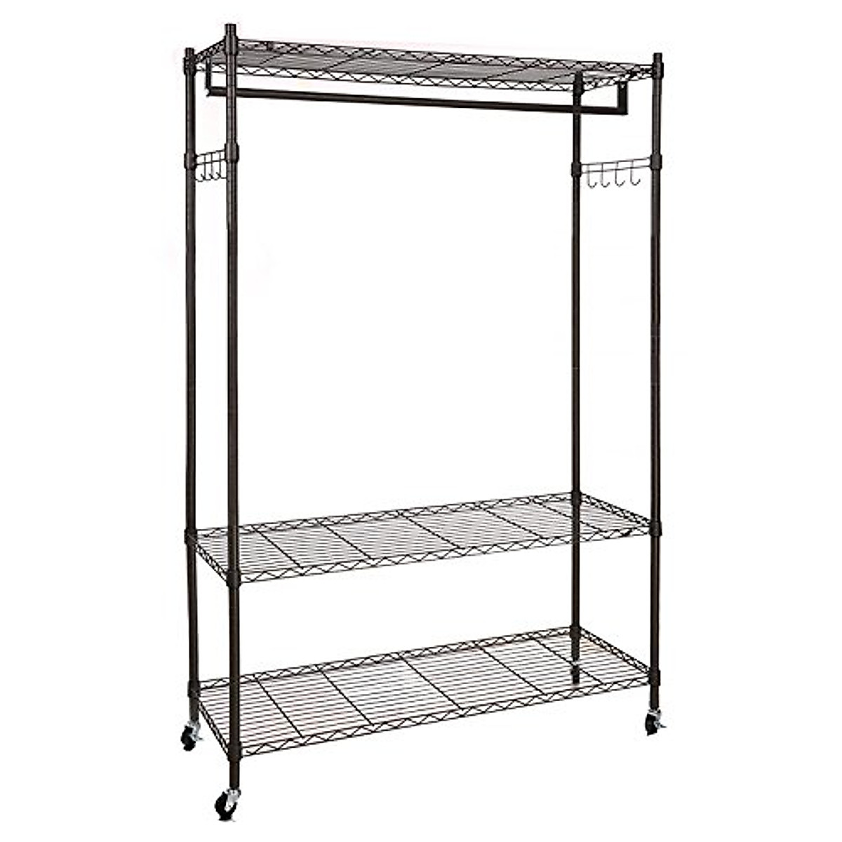 Oliote Rod Garment Rack 3 Tier Metal Wire Shelving Hang Large Rolling Movable Clothes Drying Rack with Lockable Wheels and Pair Side Hooks