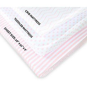 NODNAL CO. 3 Fitted Crib Sheets Pink Set for Baby Girl - 100% Oeko-TEX Cotton Nursery Bedding - Pink/White Chevron, Polka Dot, and Stripe - for Standard Baby or Toddler Crib Mattress 28”x52”x9” Sheet