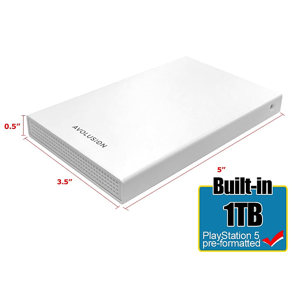 Avolusion HD250U3-WH 1TB USB 3.0 Portable External Gaming Hard Drive - White (for PS5, Pre-Formatted)