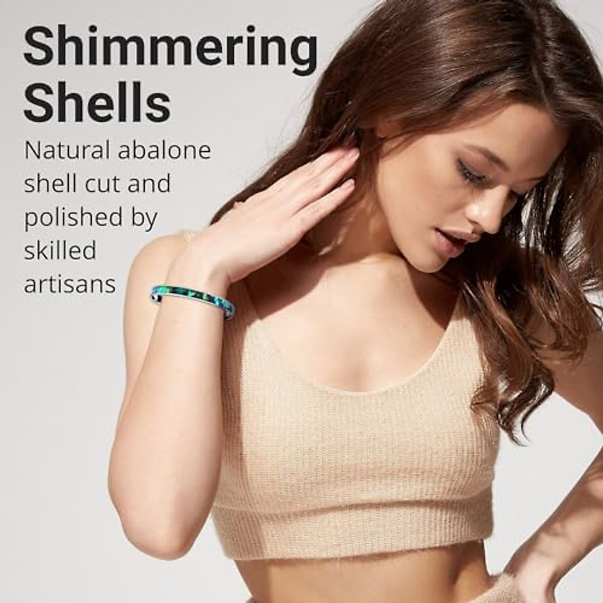 Shop LC Abalone Shell Bangle Bracelet in Stainless Steel - Genuine Handmade Abalone Boho Jewelry Birthday Gifts for Women - Natural Abalone Bali Enamel Bangles - 8.5"