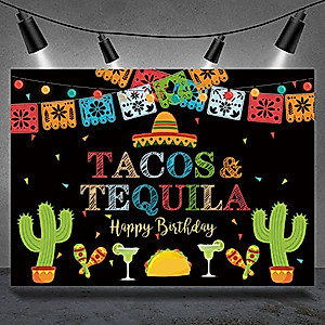 Rsuuinu Mexican Fiesta Backdrop Happy Birthday Tacos and Tequila Colorful Lights Background Drop Cinco De Mayo Backdrop for Pictures Birthday Party Mexican Decorations Banner Photo Booth Props 7x5ft