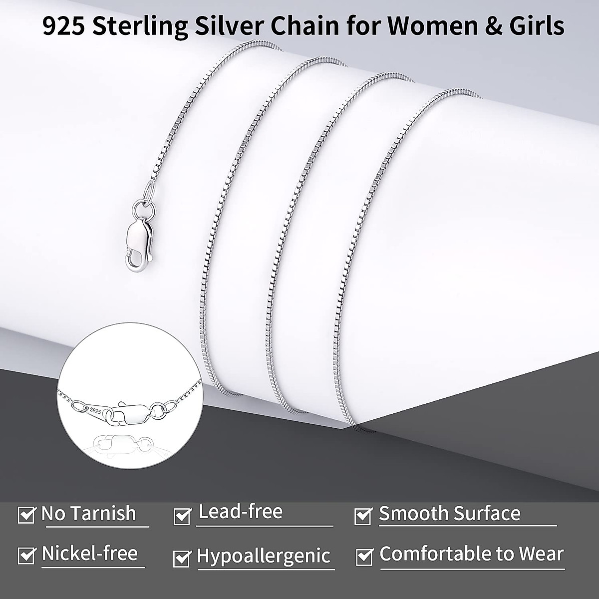 Jewlpire 925 Sterling Silver Chain for Women Girls 0.8mm Box Chain Lobster Claw Clasp - Italian Necklace Chain - Super Thin & Strong - Friendly Price & Quality 16 Inch