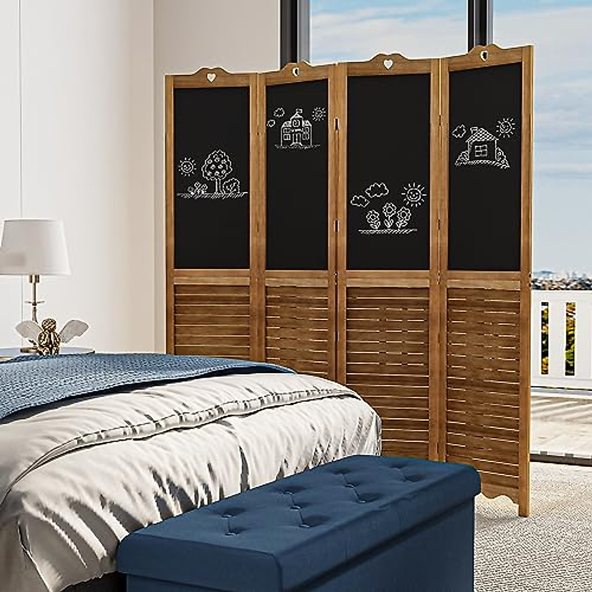 YITAHOME Wood Room Divider 4 Panel Folding Privacy Screens with Chalkboard, Freestanding Portable Privacy Screen Room Partition for Bedroom, Living Room, Study, Hotel, Office