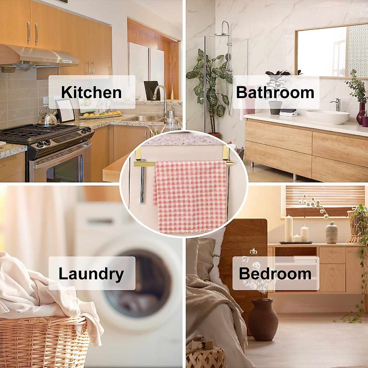 RETON 3 PCS Over Door Towel Rack, 9 Inch Stainless Steel Cabinet Towel Hanger Towel Bar Holders, Kitchen Towel Holder with Anti-Slip Pads, No Drilling (Gold)