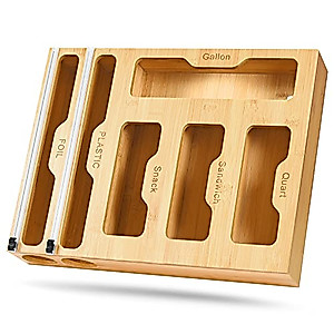 INHOTBY Foil and Plastic Wrap Organizer,Bamboo Ziplock Bag Organizer,6 in 1 Aluminum Foil Dispenser with Cutter,Tin Foil Baggie Organizer for Drawer,Kichen Aluminum Foil Organization and Storage