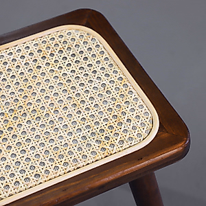 [PJ Collection] Natural Rattan Top Wood Stool, with Portable and Detachable Legs, Handcrafted Wood Stool, Lightweight Stool, Hand Woven, Comfortable Support (Rectangle, Walnut Wood)