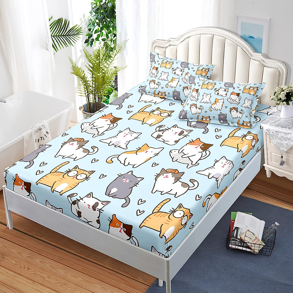BailiPromise Cartoon Cat Bed Sheet Girls Boys Little Kitten Bedding Set for Teens Children Cute Cat Fitted Sheet Flat Sheet Kawaii Animal Bed Cover 4Pcs Twin Size