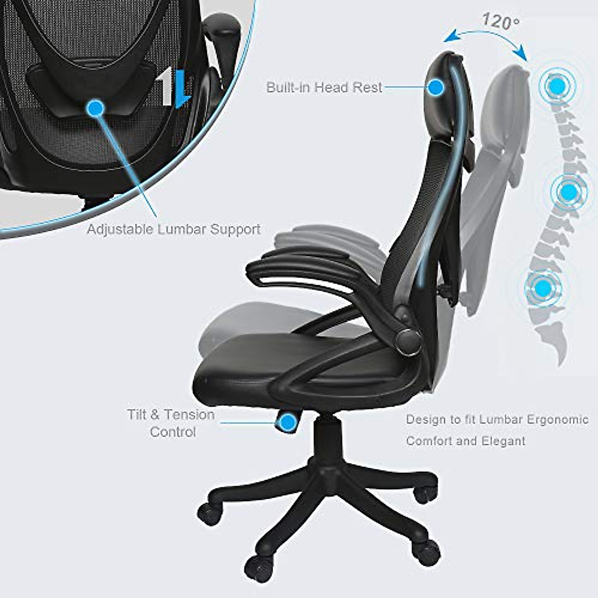 Ergonomic Home Office Desk Chair – Computer Mesh Adjustable Task Swivel Tilt Tension Armless Cushion Mid-Fiber Mesh Lumbar Support (Black D03(2))