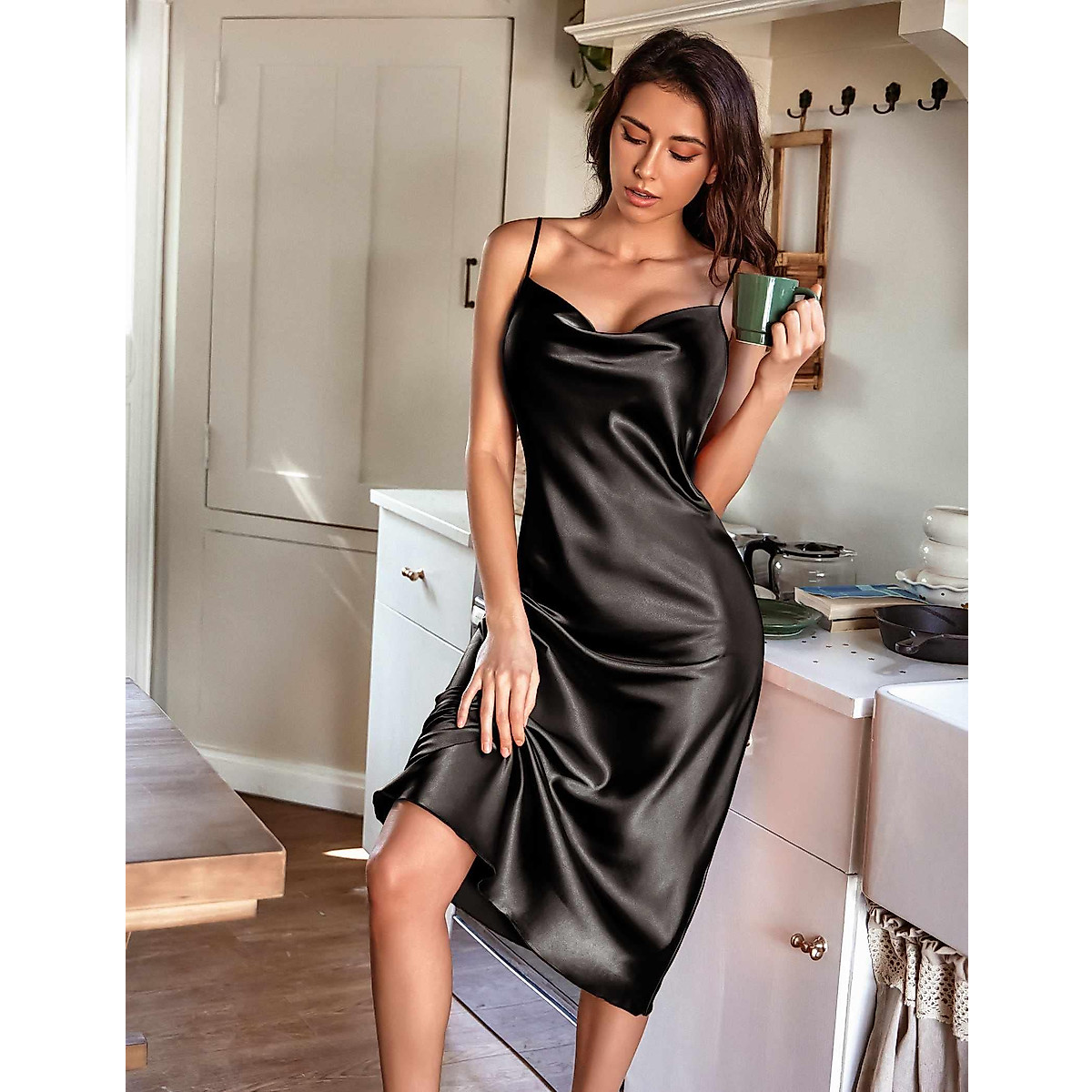 Ekouaer Silk Nightgowns for Women Nighties Silk Long Nighty Sexy Chemise Ladies Lingerie Black