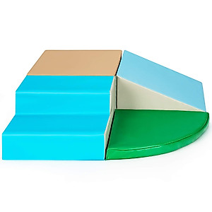 Costzon Climb and Crawl Foam Play Set, 4-Piece Soft Toddler Corner Climber Indoor Active Play Structure for Babies & Toddlers, Great for Climbing, Sliding and Physical Activity (Blue + Green + Coffee)