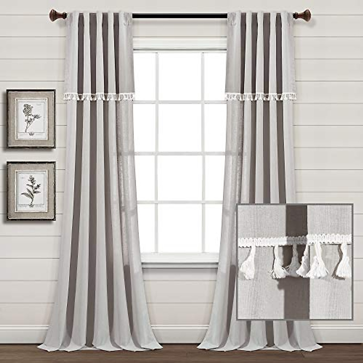 Lush Decor Ivy Tassel Faux Linen Window Curtain Panel Pair, 84 in x 40 in, Light Gray